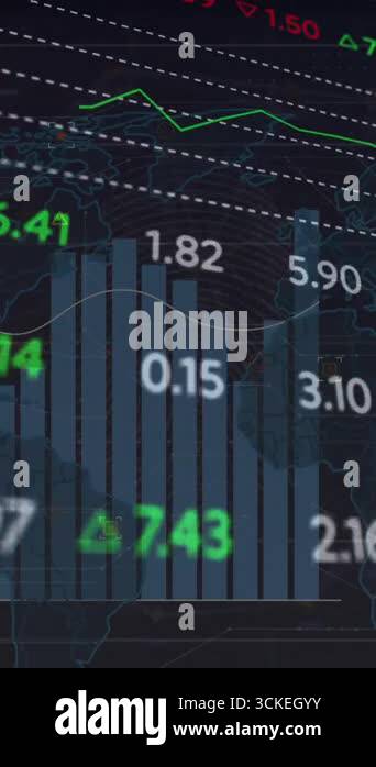 Animation of statistical and stock market data processing over world map against black ...