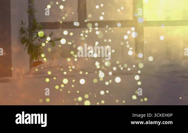 Woman sleeping in wellness ad morning sun sparking gold bokeh swirl ...