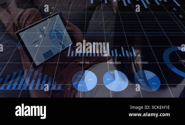 Adult woman reclining on sofa holding tablet while grid animating charts showing evolving ...