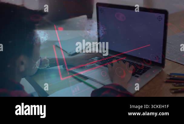 Boy typing on laptop keyboard and generating red bar charts rising ...