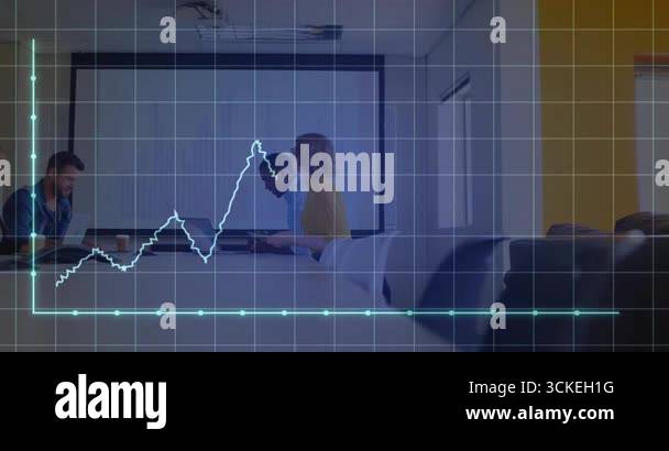 Business team typing on laptops as live data graph rising prompts colleague entering for review ...