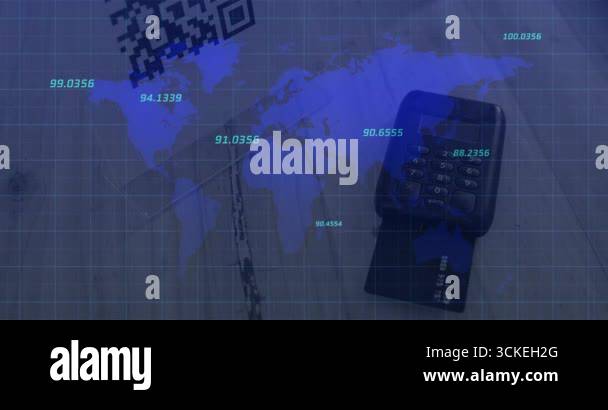 Opening fading map overlay QR code icon data labels animating above ...