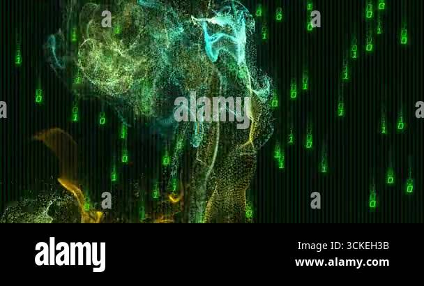 Emerging near lower left, teal amber particle cloud twisting upward ...