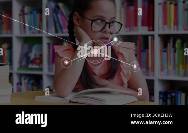 School-age girl opening book in library with network overlay expanding ...