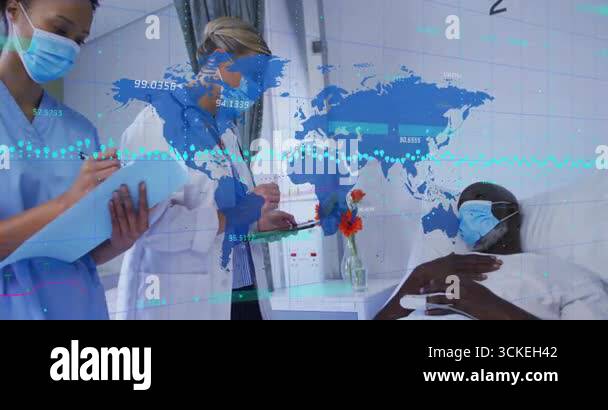 Healthcare nurse reviewing chart and activating world map while doctor ...