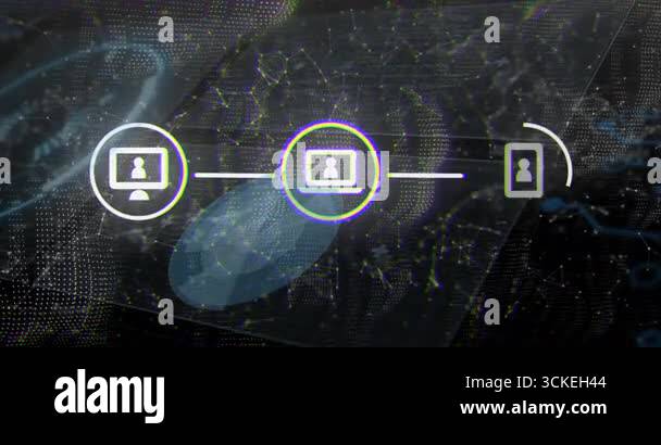Digital globe swirling, icons appearing, connecting, pulsing, showing device chain in network ...