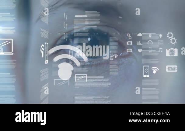 Eye viewing AR interface in lab with pulsing radar rings, scanning bar ...