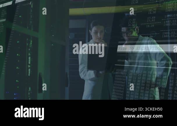 Woman opening laptop and man monitoring encryption in server room with code overlays to secure ...