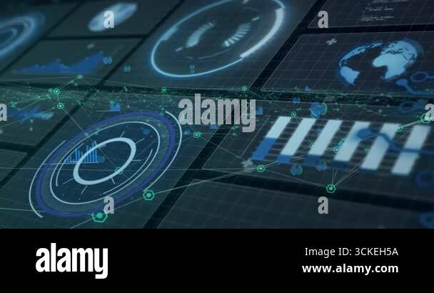 Sequence opening radar chart pulsing, world map rotating, bars rising, nodes linking data ...