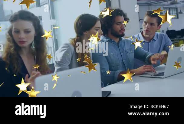 Denim-shirt man typing on laptop and explaining data while gold stars ...