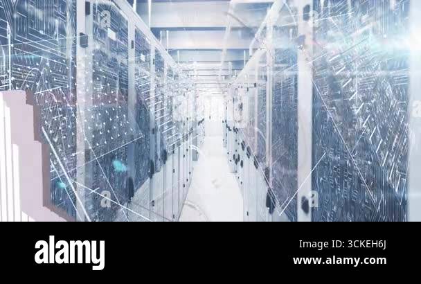 Circuit-board art fading initiating server rack aisle animating moving ...