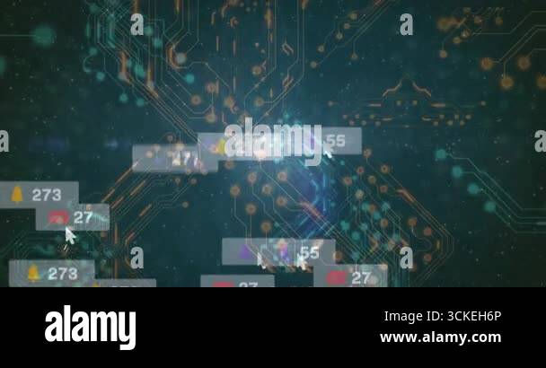 Glow initiating circuit pulsing, icons bursting outward and rising counts showing engagement ...