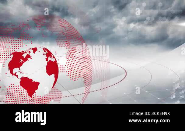 Sphere Emerging Left Solidifying As Rotating Red Globe Pulsing Rings And Grid Floor Text