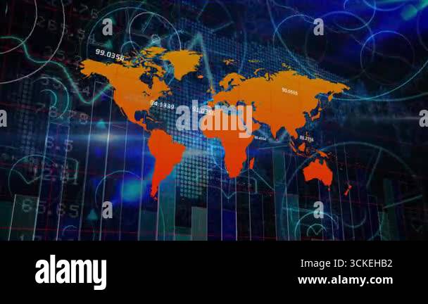 Orange world map showing pulsing ring over North America, starting data labels and flowing wave ...