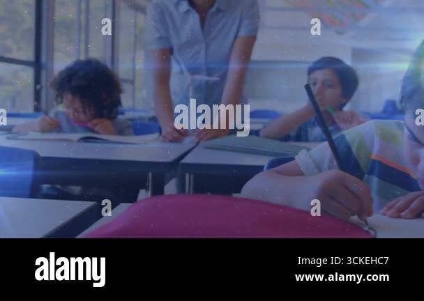 Teacher entering classroom pressing textbook initiating student writing ...