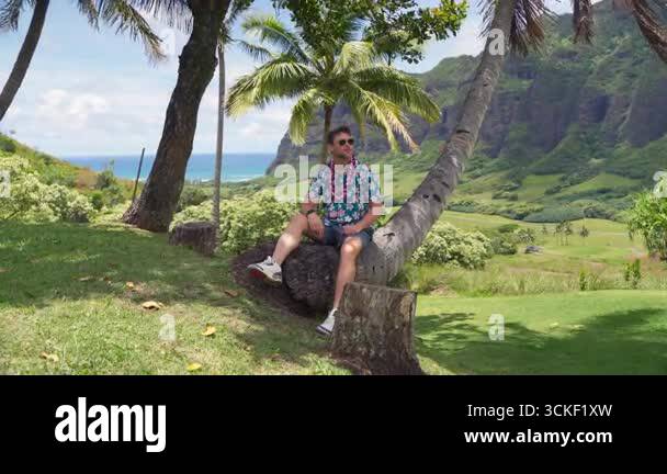 Tourist man in traditional Hawaiian shirt and flower lei relaxes under ...