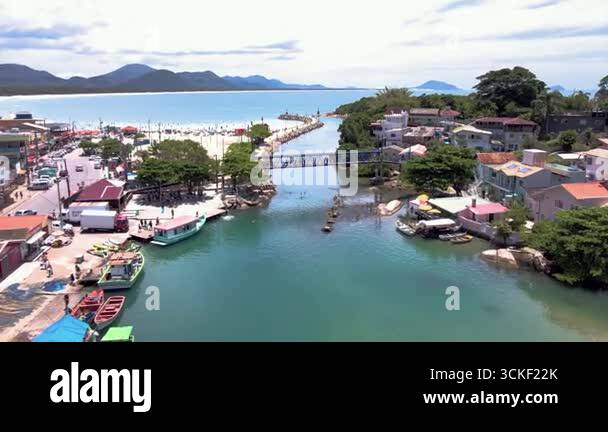 Aerial view of the bridge over the Barra da Lagoa canal, estuary in ...