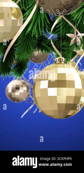 Animation of christmas baubles decorations on christmas tree. christmas ...