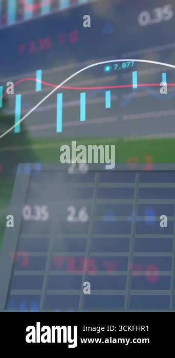 Animation of financial data and graphs over solar panels. Green energy ...