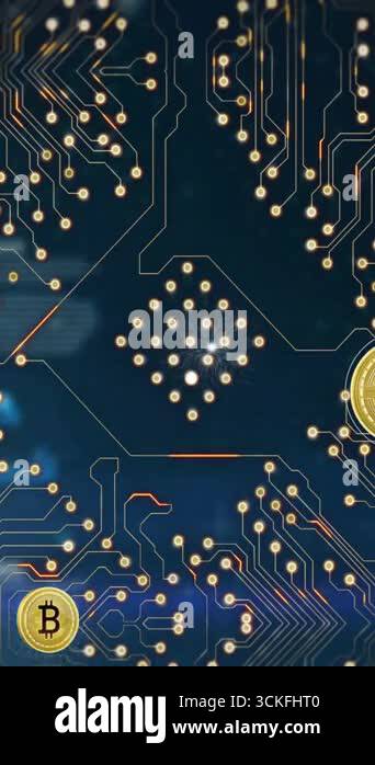 Animation of data processing and bitcoins on blue background. Global business and digital ...