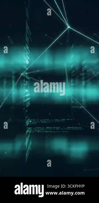 Animation of network of connections and data processing over dark background. Global finance ...