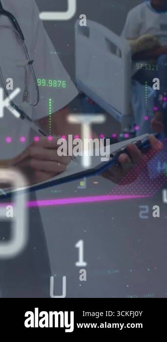 Animation of numbers and letters processing over caucasian female ...