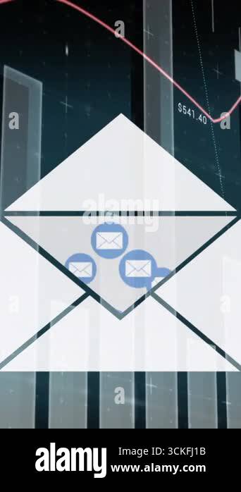 Animation of mail icons with statistics and financial data processing ...