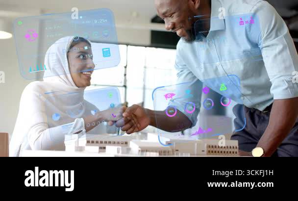 Two architects handshaking over model showing holographic panels, adjusting sections refining ...