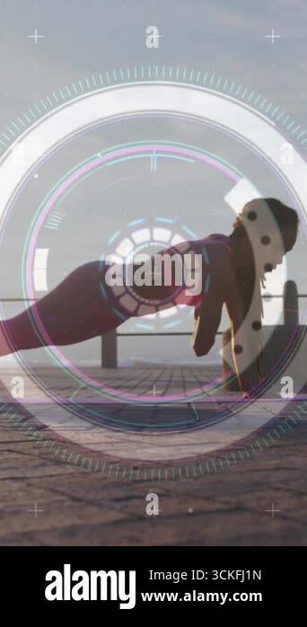 Animation of statistics and graphs over woman exercising on promenade ...