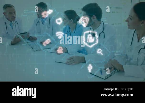 Medical team holding tablet and explaining data while pulsing icons illustrating cloud ...