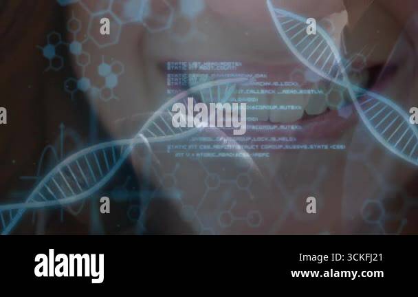 Woman starting smile and guiding DNA helix, molecular icons and code overlays in genetics ...