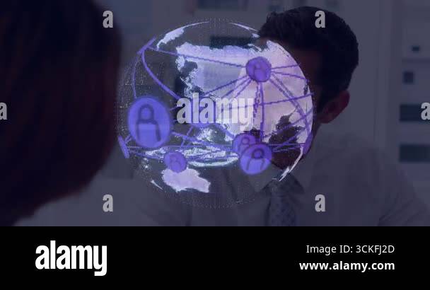 Business team watching globe appearing in office, rotating, pulsing ...