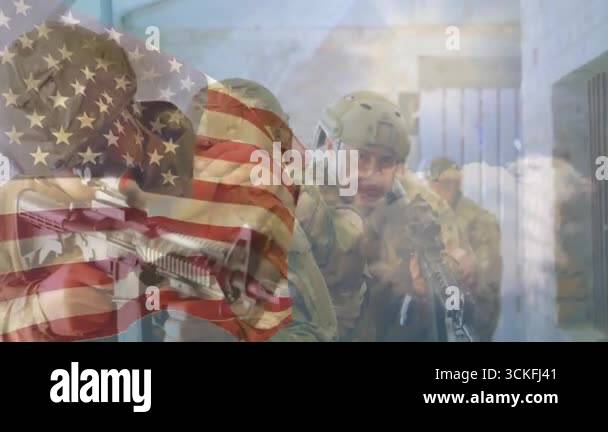 Flag overlay fading, showing corridor as military team pressing forward ...