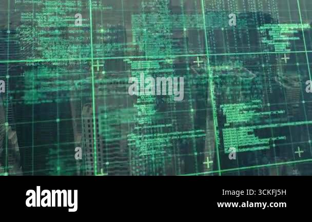 Opening green grid and sliding code over blurred skyline with plus ...