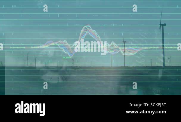 Overlay appearing starting vivid waveform rising peaking over wind turbines showing energy shift ...