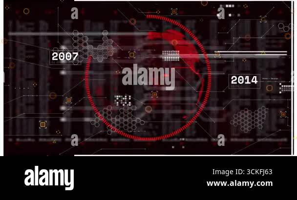 Upon launching, red globe rotating, scanning ring pulsing and labels updating for data timeline ...
