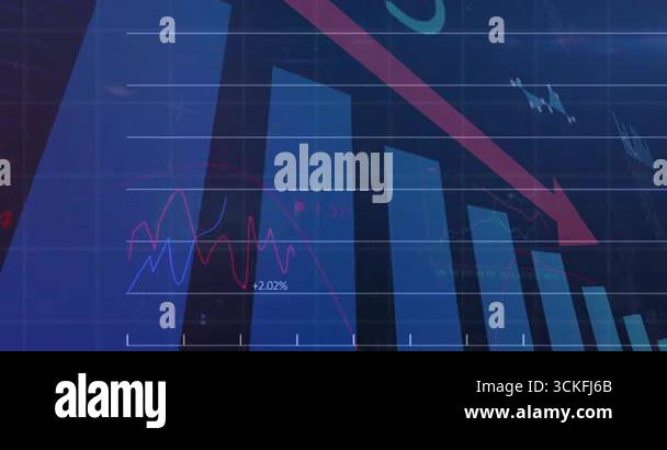 Starting dark blue grid, bars sliding up, arrow sweeping, lines tracing ...