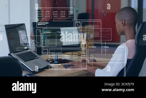 Female coder typing code, analyzing data using animated tech overlay as ...