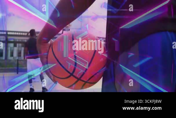 Opening shot featuring overlays gliding as player holding ball and teammate lifting ball for ...