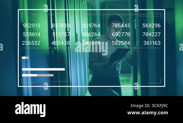 Data center technician pressing rack door and scrolling tablet while ...