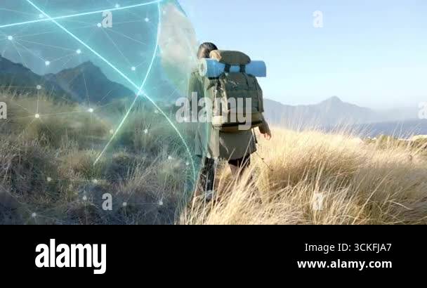 Woman hiking trail, steps initiating digital globe revealing continents ...