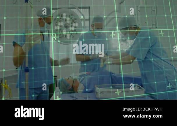 AR grid overlay appearing medical team adjusting gloves and aligning ...
