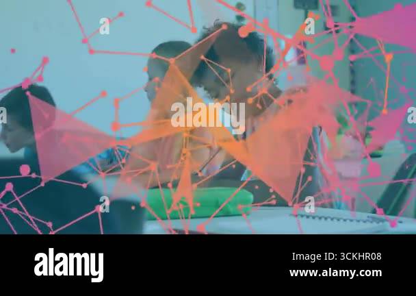 Animated network overlay fading in classroom students taking notes ...