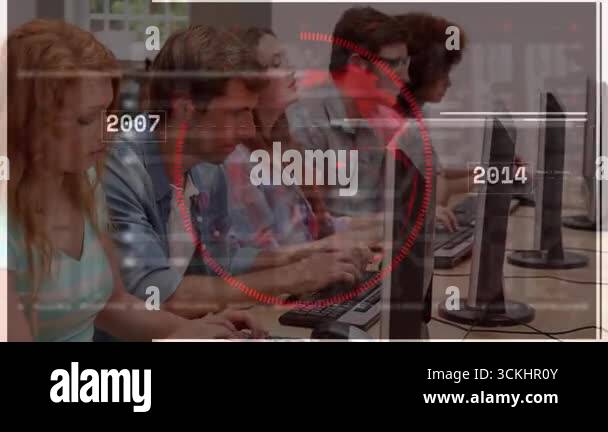 Classmates Typing Keyboards In Computer Lab Generating Globe And Code Overlays Visualizing