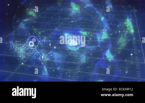 Rotating globe initiating cloud icon emergence and linking user devices and phones into network ...