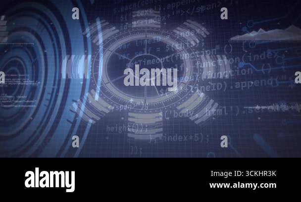 On grid activation central HUD interface pulsing and rotating while code scrolling for data ...