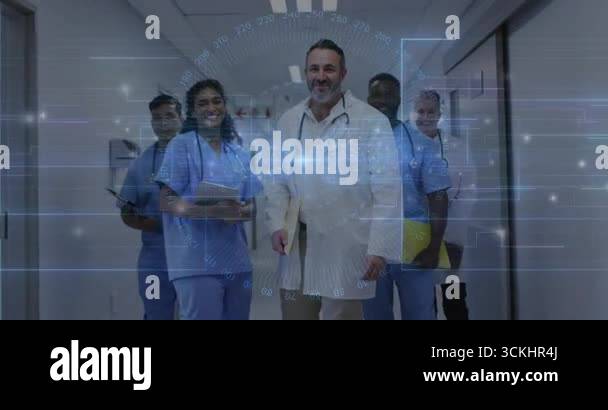Medical team walking through corridor while activating HUD gauges for ...