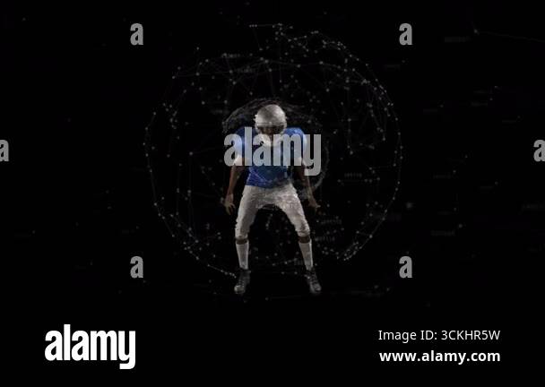 Football athlete shifting stance fixing helmet flexing biceps while ...