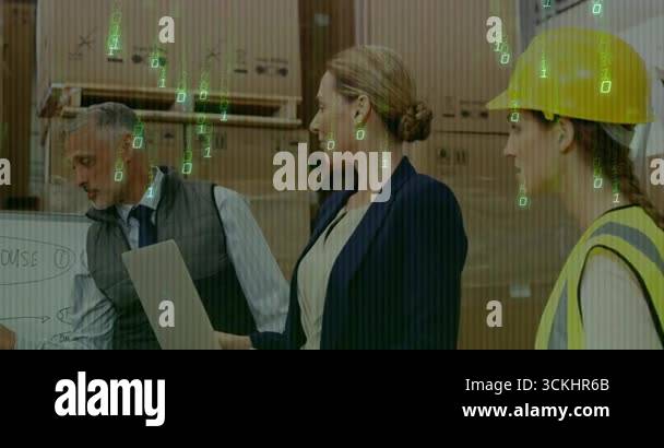 Manager gesturing at warehouse whiteboard explaining logistics as ...