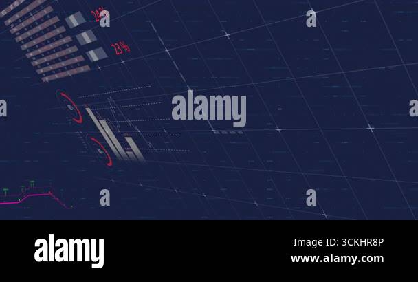 Grid fading in starting rotating bars, labels, pie charts sliding, climbing line forming ...